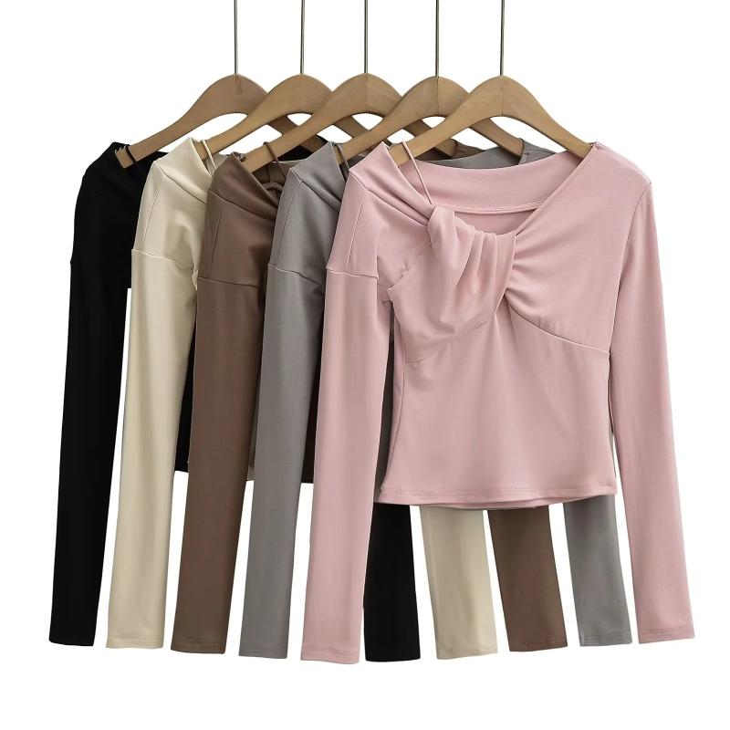 カットソー レディース 春秋 トップス プルオーバー 無地 アシンメトリー ショート丈 ハイウエスト スリム 細見え