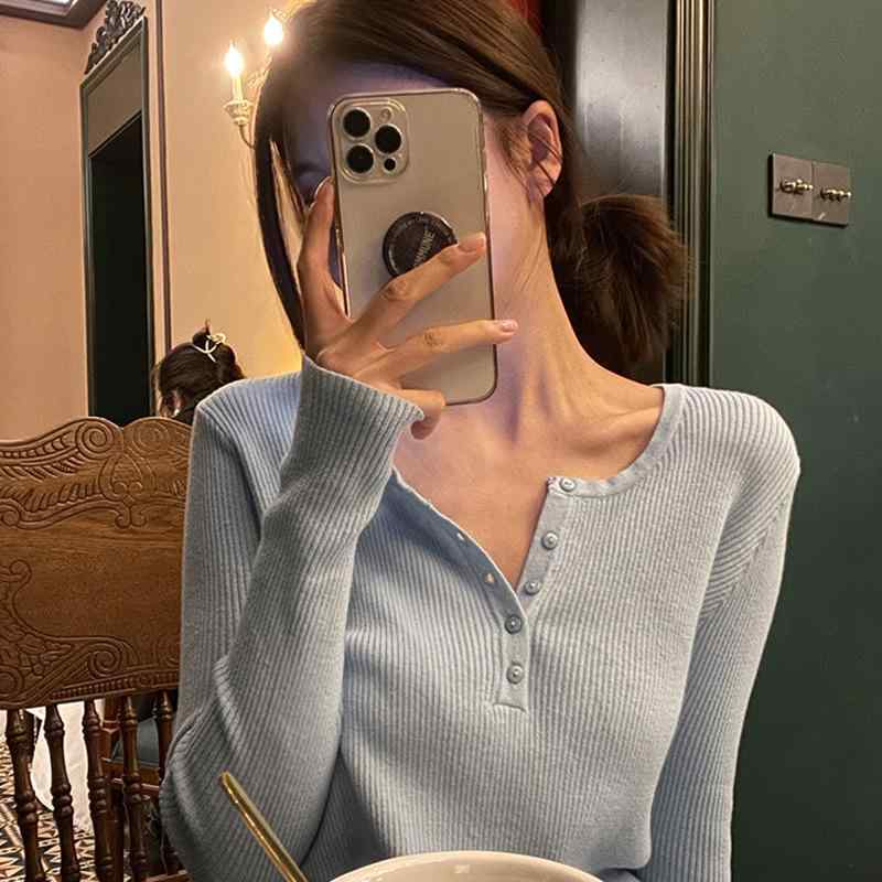 ニット レディース 春 長袖 トップス 韓国風 スリム 白 プルオーバー 普段使い インナー セーター ラウンドネック