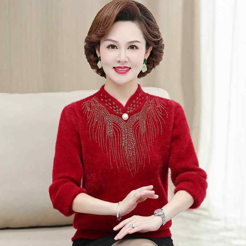 2ニット セーター レディース ミセス チャイナドレス風 襟 厚手 フェイク ミンク カシミアタッチ プルオーバー ゆったり ファッション