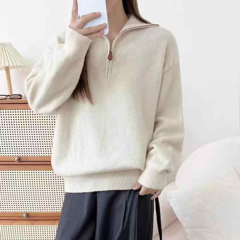 2ニット レディース 秋冬 ハーフジップ プルオーバー ゆったり 無地 纯色 翻领 襟付き 柔らかい かわいい カジュアルスタイル トップス 普段使い 部屋着 デート