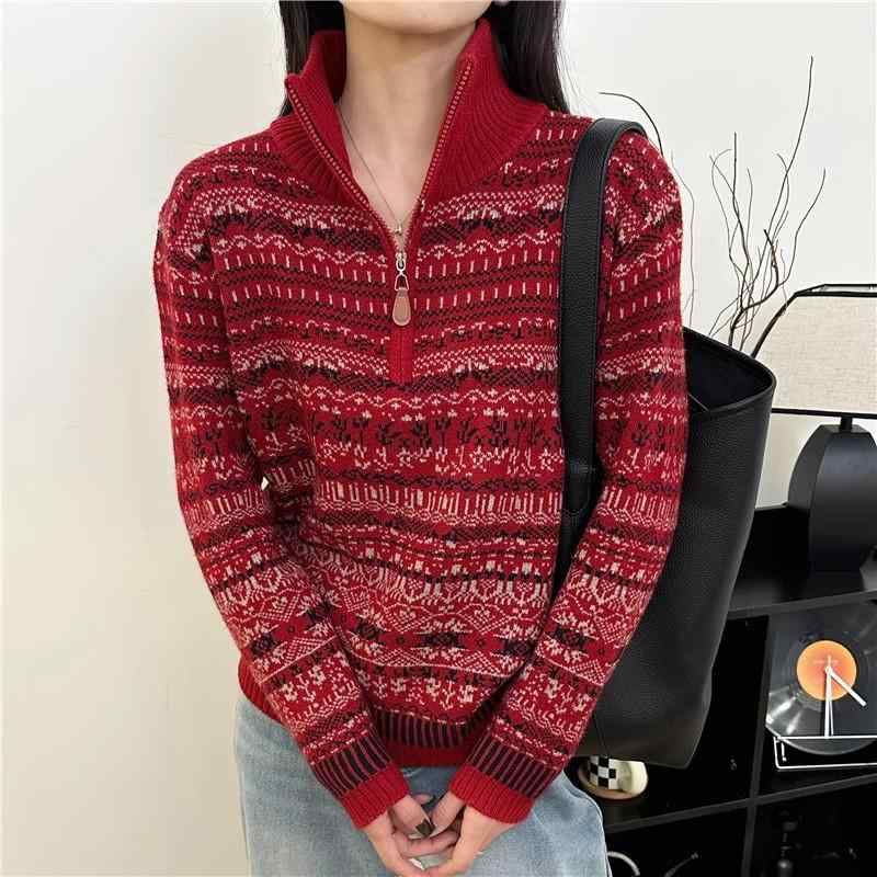 ニット レディース ファッション 配色 ハーフオープン スタンドカラー セーター 厚手 トップス 秋冬 普段使い かわいい お洒落・图案: 3D效果・厚薄: 中等・款式: 套头・组合形式: 单件・版型: 宽松型・衣长: 普通款(50cm&l...