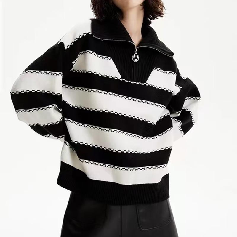2ニット レディース 秋冬 プルオーバー ハーフジップ 切り替え 学院風 ゆったり カジュアル セーター