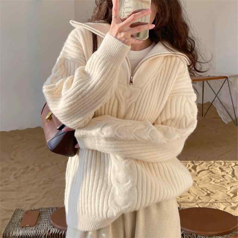 ニット レディース 秋冬 プルオーバー ケーブル編み 暖かい ゆったり トップス 長袖 ハーフジップ 接触冷感・素材: ポリエステル・主素材成分2: アクリル・柄: ストライプ、格子柄・厚さ: 厚手・組み合わせ形式: シングル・スタイル: ...