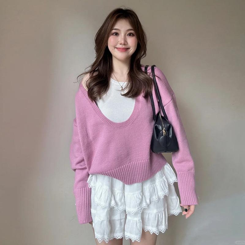 ニット レディース Uネック プルオーバー ゆったり かわいい 秋冬 トップス 韓国風 接触冷感 軽量 ドロップショルダー ブラック ピンク系 オフホワイト