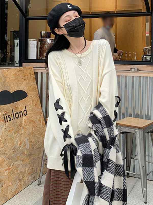 ニット レディース 秋冬 ゆったり 蝶結び リボン ドロップショルダー オーバーサイズ チュニック丈 トップス かわいい 暖かい 白