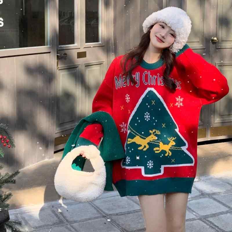 2ニット レディース 韓国風 ゆったり かわいい クリスマス レッド 丸首 プルオーバー 秋冬 おしゃれ ジャカード セーター