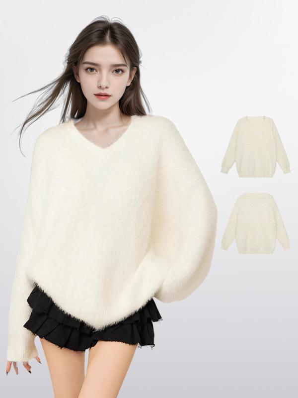 ニット レディース 秋冬 Vネック プルオーバー ミンク カシミア タッチ 厚手 ふわふわ 暖かい ニットセーター アウター ゆったり かわいい おしゃれ 普段使い