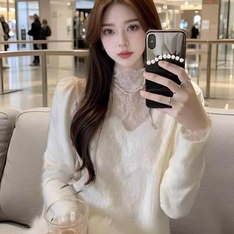 ニット レディース 長袖 秋冬 ホワイト 小众 別致 インナー トップス デザイン感 ミンク カシミヤ レース 切り替え あったか・生地: その他・主な生地の組成: スパンデックス・柄: 無地・厚さ: 厚手・スタイル: プルオーバー・組み合...