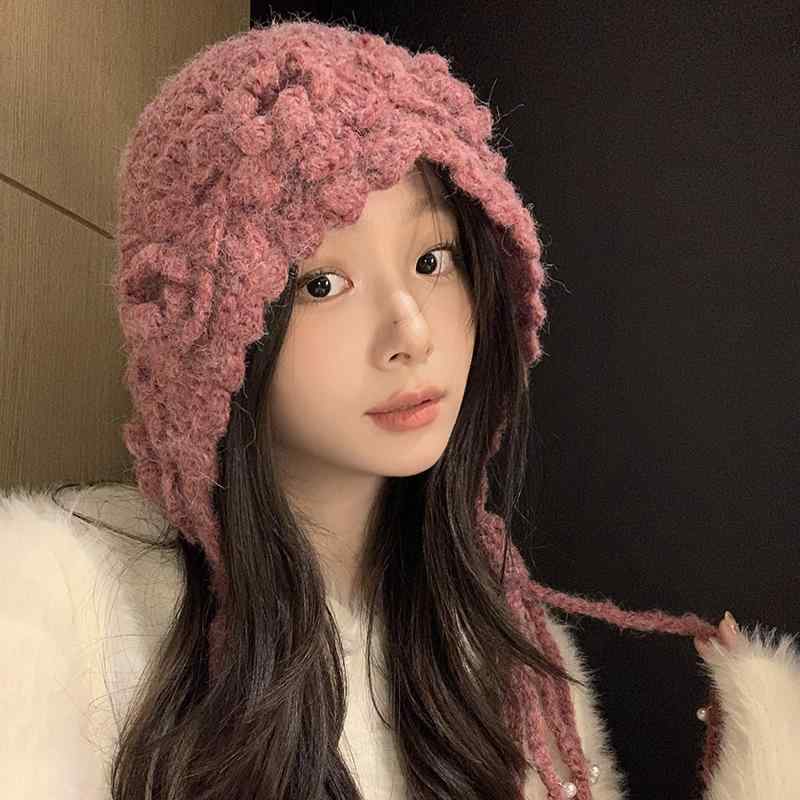 2帽子 レディース 秋冬 ウール 手編み ニット帽 花柄 あったか 防寒 小顔効果 フリンジ 包頭帽