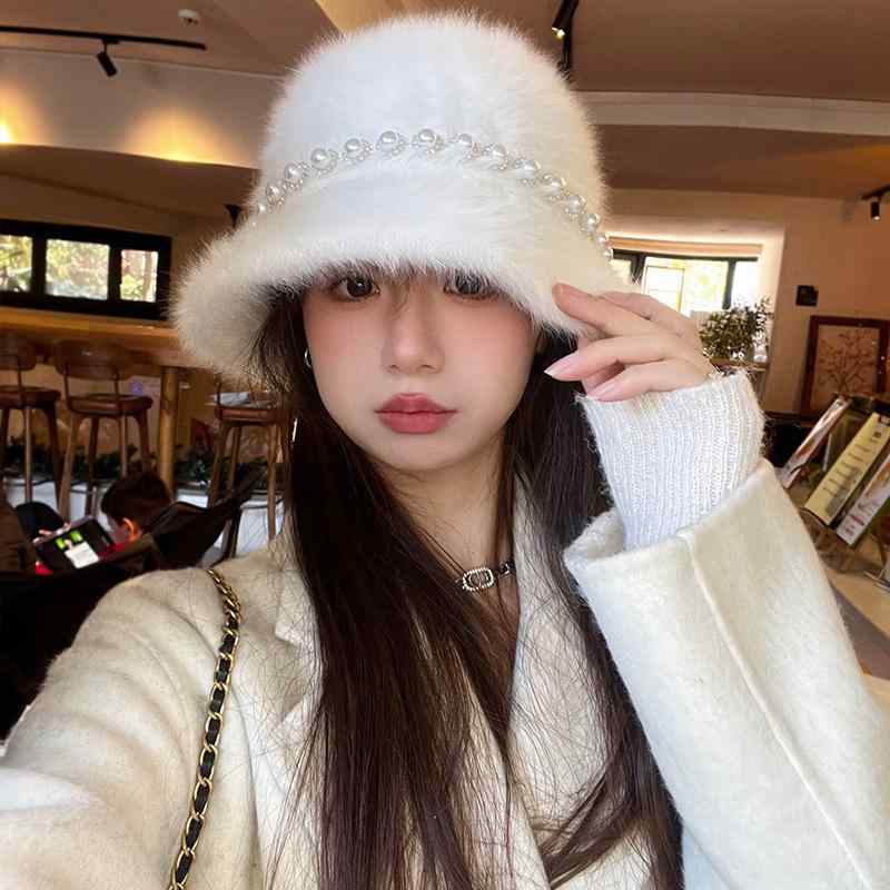 2帽子 レディース 秋冬 バケットハット ウサギ フェイクファー パール 蝶結び かわいい ふわふわ もこもこ あったか 防寒 小顔効果 おしゃれ
