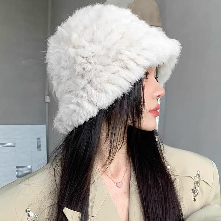 麦わら帽子 レディース 秋冬 真兎毛 ファー あったか 防寒 小顔効果 バケットハット