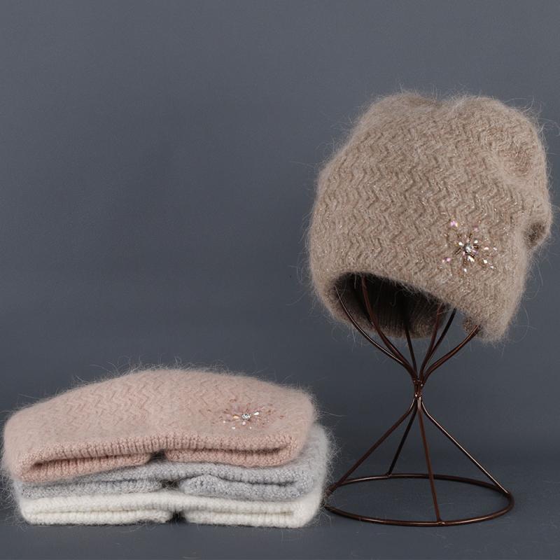 2ニット帽 レディース アンゴラ ウール ファッション 水钻 保温 防寒 ビーニー キャップ 女性用 婦人用 秋冬