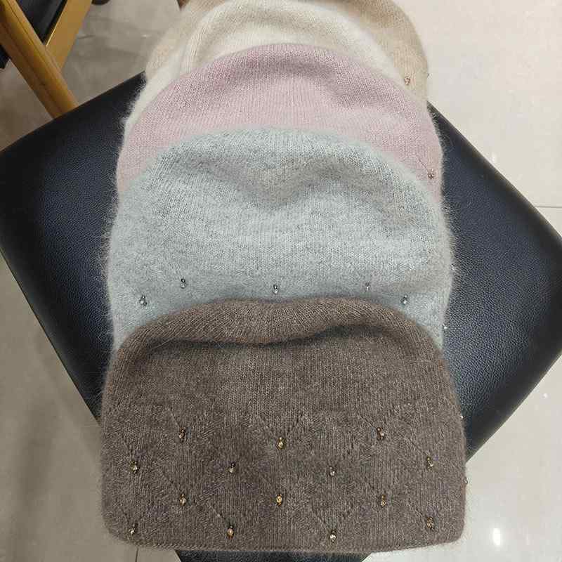 2ニット帽 レディース 婦人用 秋冬 ラビットファー 暖かい 防寒 ラインストーン ダブルレイヤー 裏起毛 ビーニー ケーブルニット 小顔効果