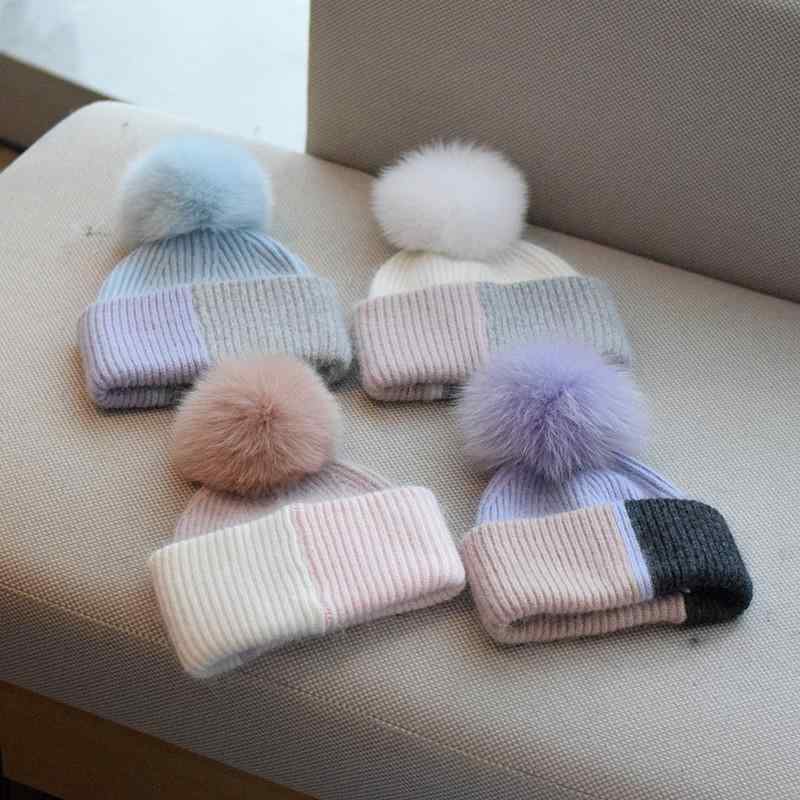 2帽子 レディース 秋冬 ニット帽 フォックスファー ポンポン付き ウサギ毛 切り替え 暖かい 防寒 かわいい