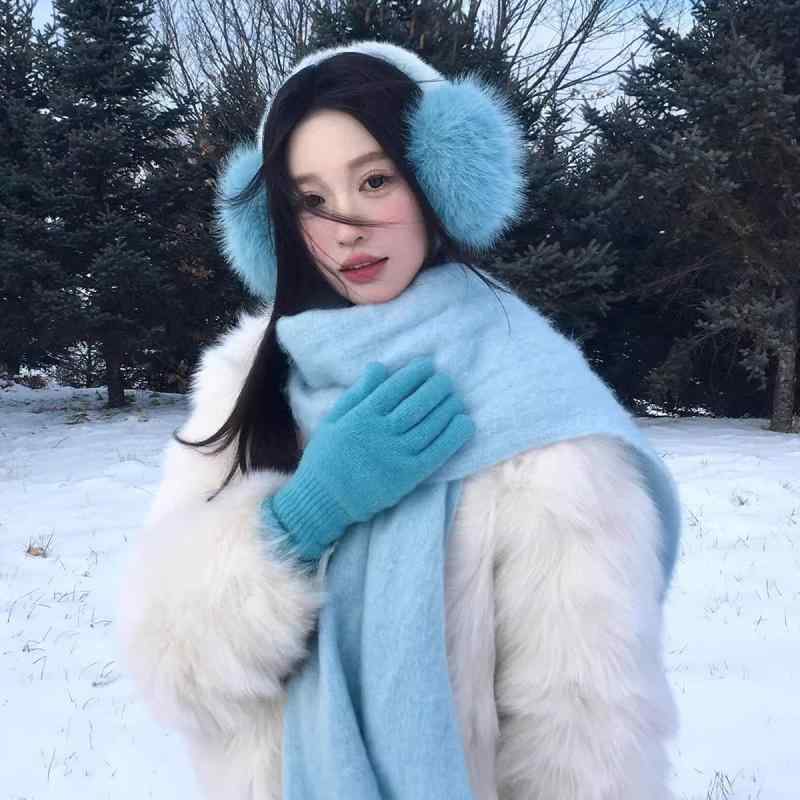 イヤーマフ レディース 秋冬 ブルー 大判 フェイクファー 厚手 防寒 耳あて イヤーウォーマー かわいい ふわふわ