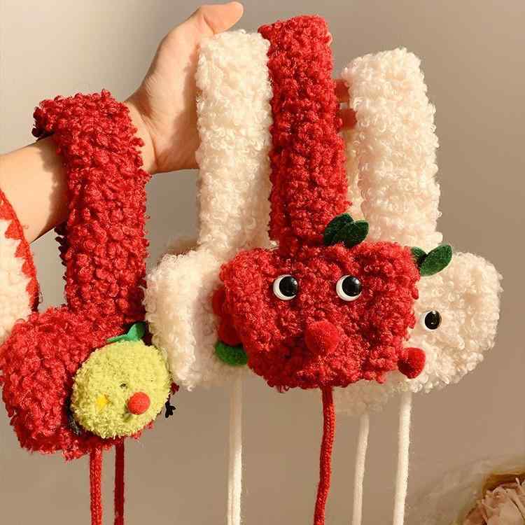 イヤーマフ レディース かわいい ニット 裏ボア 防寒 防風 自転車用 耳あて レッド アップル ぬいぐるみ 秋冬