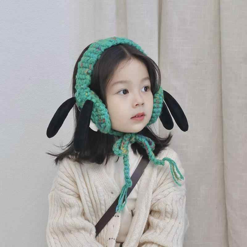 2耳当て キッズ かわいい カートゥーン 犬 モチーフ ニット 秋冬 防寒 暖かい 自転車 個性的 イヤーマフ 紐付き 耳カバー