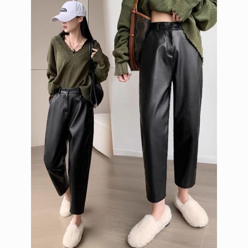 パンツ レディース 秋冬 ハイウエスト 着痩せ 耐摩耗性 九分丈 ストレート ズボン PU レザー ハーレムパンツ フェイクレザー