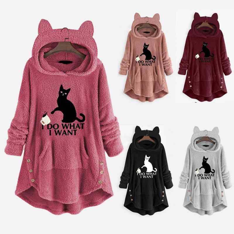 パーカー レディース 秋冬 長袖 裏起毛 大きいサイズ アウター カジュアル ゆったり 暖かい スウェット ドロップショルダー フード付き トレーナー・图案: 猫咪・款式: 套头・版型: 常规・组合形式: 单件・衣长: 中长款(65cm&l...