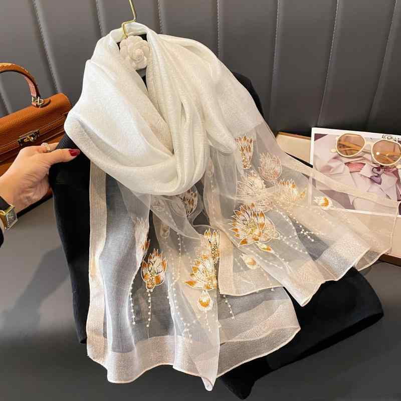 ストール レディース ショール シルク 絹 ウール 蓮 刺繍 あったか マフラー 纱巾