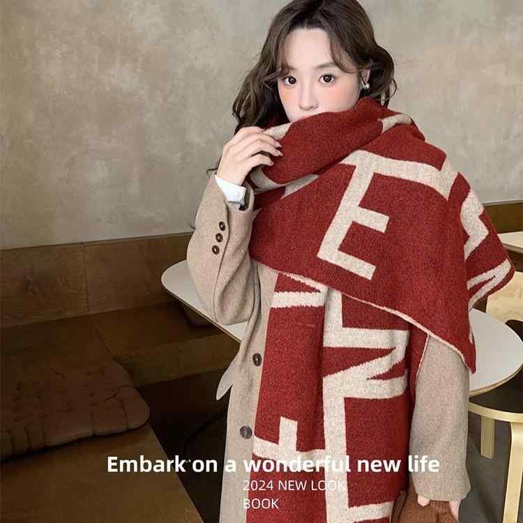 2マフラー レディース 秋冬 レトロ 牦牛 ウール アルファベット 配色 ニット ストール 大判 ショール 暖かい