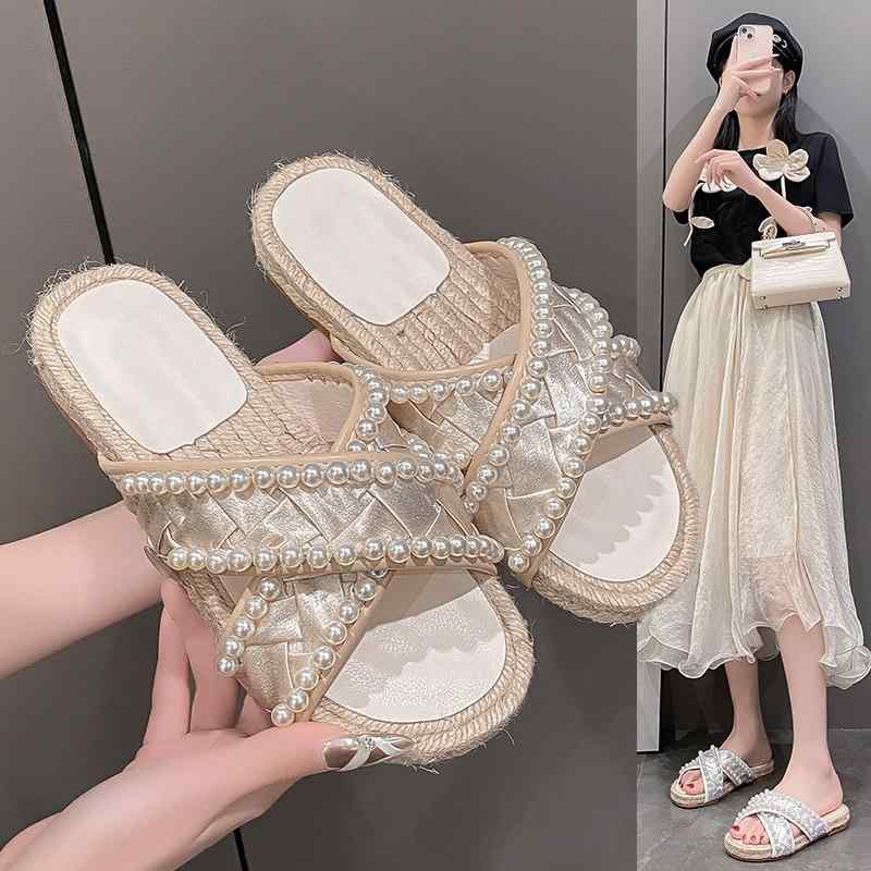 2サンダル レディース フラット ぺたんこ 外履き ラウンドトゥ フェイクパール クロスストラップ カジュアル 春夏・カテゴリ: サンダル・対象: 成年・スタイル: カジュアル・素材: 人造PU、ゴム、仿皮・柄: 無地・機能: その他・カラ...