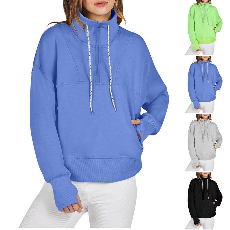 2スウェット レディース 秋冬 立襟 長袖 無地 プルオーバー トップス ショート丈 親指穴付き カジュアル スポーティー 普段使い