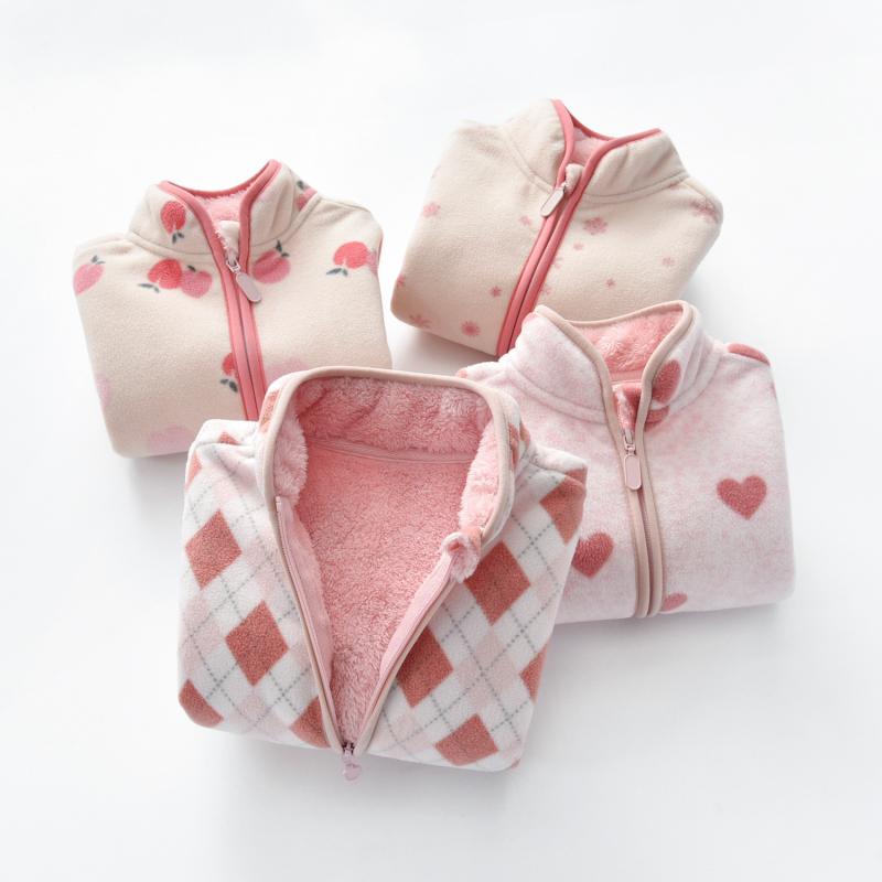 2アウター 子供 女の子 裏起毛 フリース ジャケット スタンドカラー ピンク系 あったか かわいい 普段使い