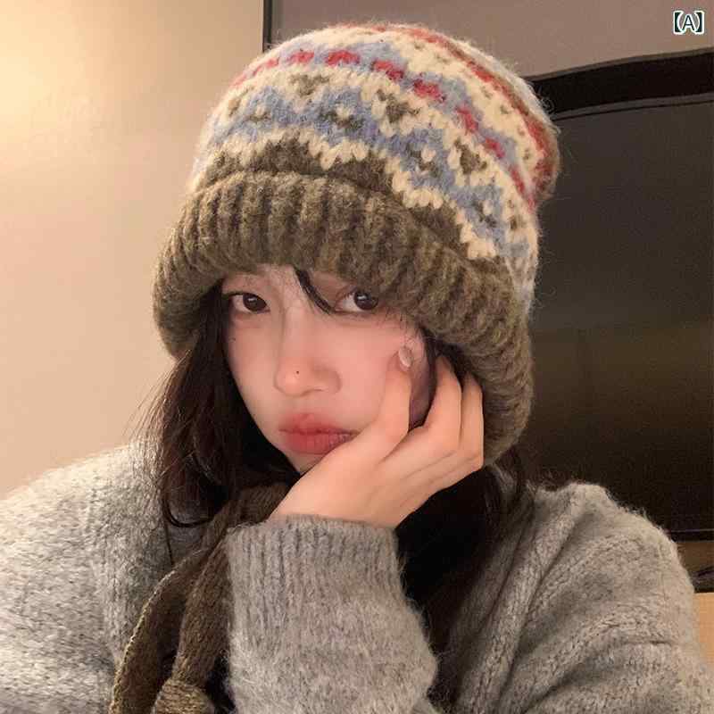 2ニット帽 レディース 秋冬 レトロ 暖かい 耳当て バラクラバ風 ビーニー