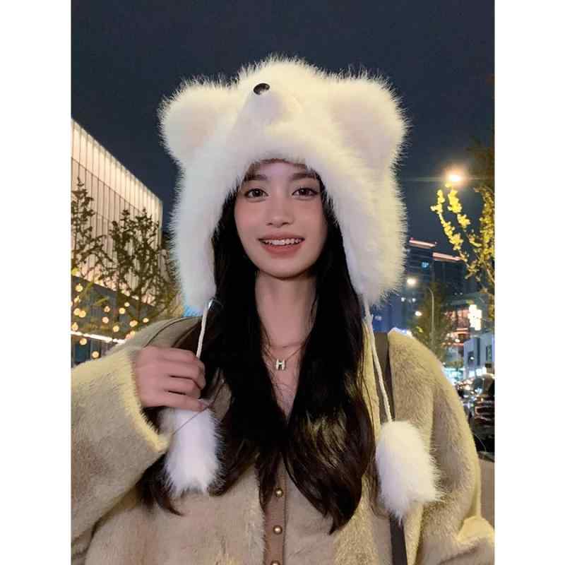 帽子 レディース かわいい 小熊 耳 秋冬 防寒 保温 厚手 裏起毛 防風 イヤーマフ 付き ロシア帽