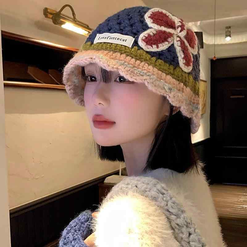 2帽子 レディース 秋冬 ニット帽 漁夫帽 バケットハット 配色 花柄 レトロ かわいい 小顔効果 防寒 あたたかい・性別: 女性・柄: 花柄・スタイル: スイート.可愛い・色: ブルー・流行要素: 花・対象年齢: 成年・シーズン: 冬.秋