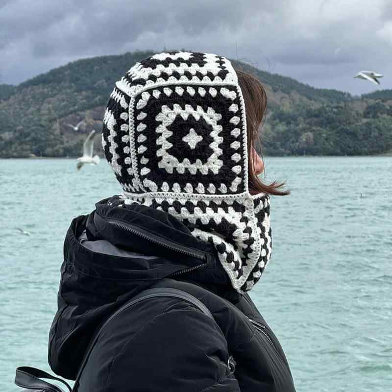 2ニット帽 レディース 秋冬 手編み バラクラバ レトロ 手作り かぎ針編み 穴あき ニット 目出し帽 ネックウォーマー 一体型 帽子 防寒 あったか かわいい