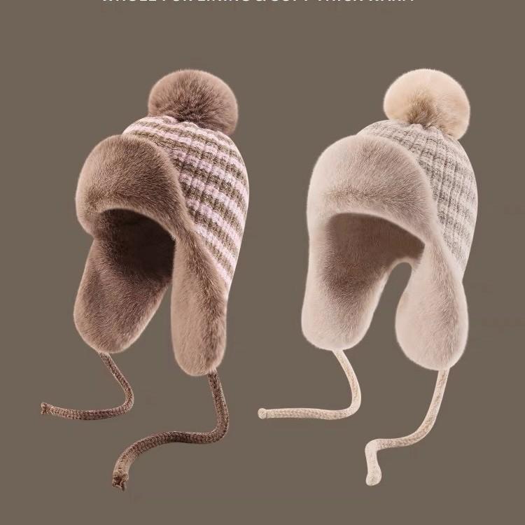 ニット帽 レディース 秋冬 裏起毛 厚手 ボンボン付き 防寒 耳あて付き ストライプ柄 レトロ 大きめ あったか 自転車