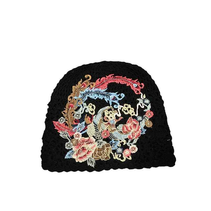 ニット帽 レディース 春秋 刺繍 民族風 手編み コットン 透かし編み ビーニー 蒸れにくい おしゃれ かわいい