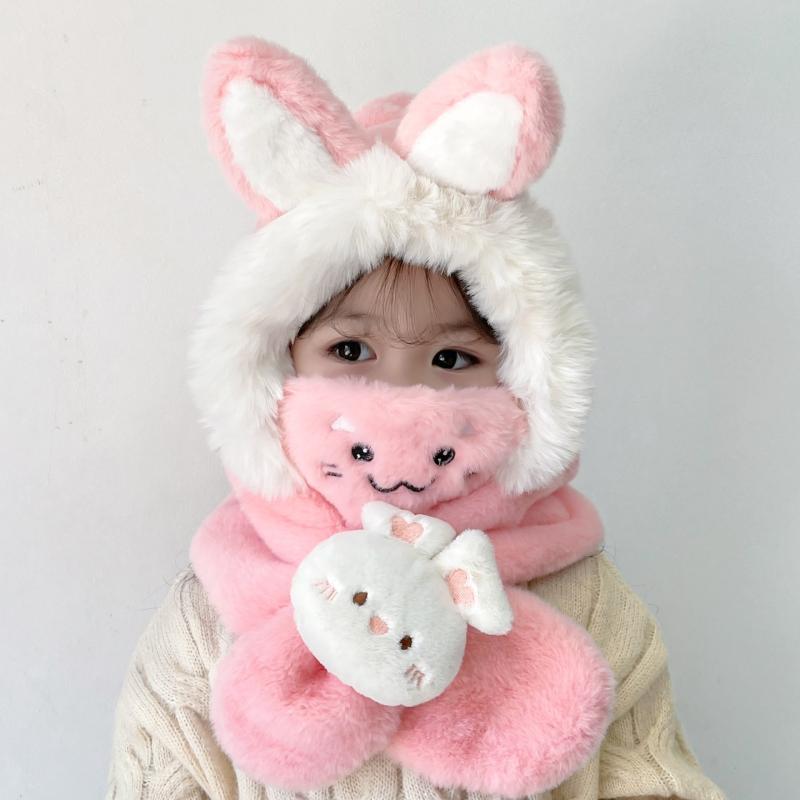 2帽子 キッズ 秋冬 防寒 暖かい ニット帽 マフラー 一体型 子供 女の子 男の子 かわいい 耳あて マスク 取り外し可能 毛糸