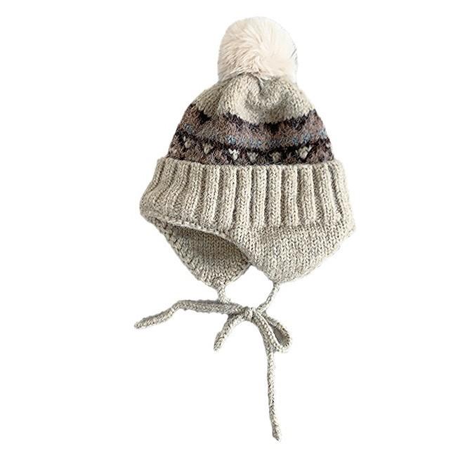 ニット帽 キッズ 秋冬 厚手 韓国 大毛玉付き 耳当て付き 帽子 女の子 女児 ニットキャップ