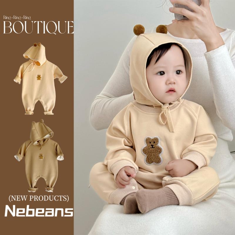 帽子 ベビー服 クマ耳 森ガール ジャンプスーツ カバーオール 裏起毛 秋冬 あったか かわいい 0歳 1歳 2歳