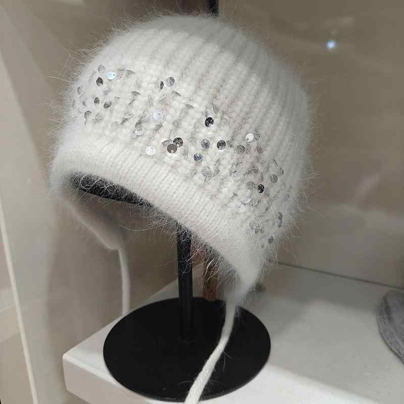 2ニット帽 レディース 秋冬 保温 スパンコール付き ウサギ毛混紡 開きデザイン ビーニー 暖かい 防寒 耳当て付き