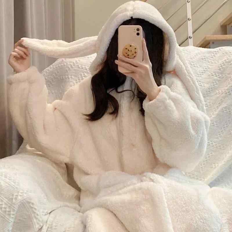 2パジャマ レディース 長袖 厚手 保温性 フード付き かわいい ルームウェア 寝巻き ロング丈 ふわふわ モコモコ あったか 家着 部屋着 秋冬
