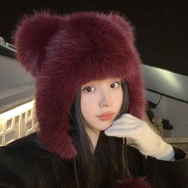 2帽子 レディース 秋冬 フェイクファー レトロ ロシア帽 耳当て付き かわいい クマ 防寒 あったか