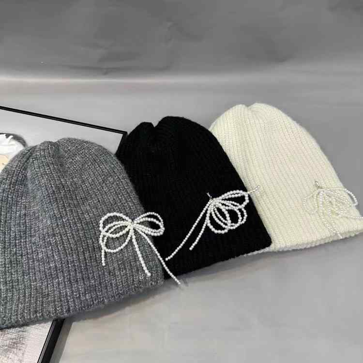 2ニット帽 レディース 秋冬 蝶結び パール 毛糸 帽子 防寒 保温 イヤーマフ かわいい