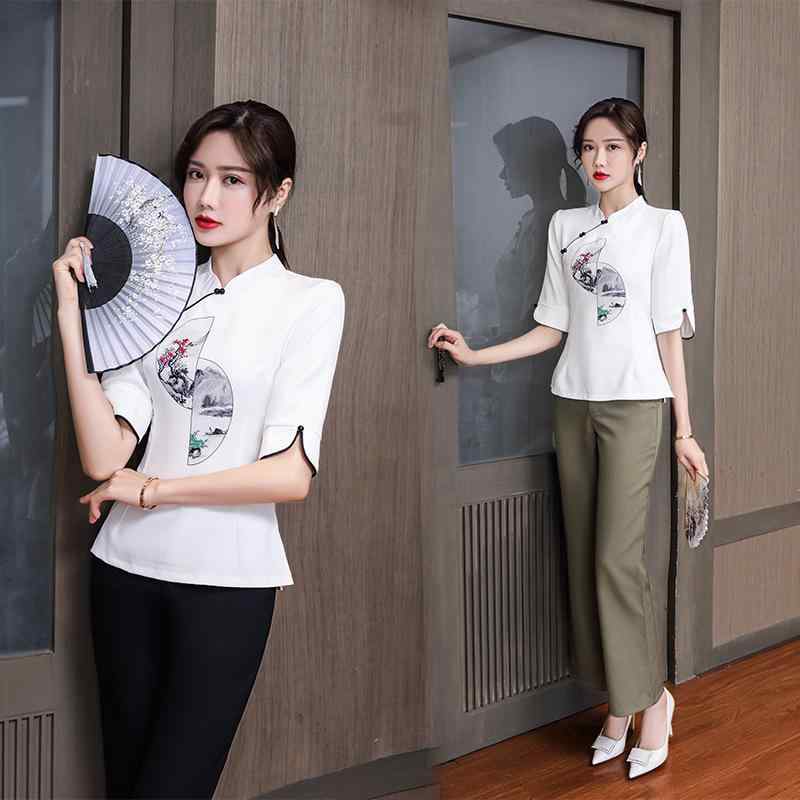 エステ 制服 レディース スパ マッサージ セットアップ 中華風 足浴 施術着 作業着 ユニフォーム 半袖・製品カテゴリ: 職業女性パンツスーツ・版型: ウエストシェイプ・着丈: ミドル丈（50cm超～65cm以下）・袖丈（トップス）: 五...
