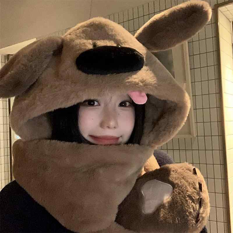 帽子 レディース 秋冬 小犬 かわいい 耳あて付き 一体型 スヌード 厚手 防寒 保温 ふわふわ もこもこ あったか