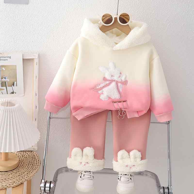 2キッズ 冬用 裏起毛 セットアップ 厚手 うさ耳 パーカー ロングパンツ 上下セット かわいい 暖かい