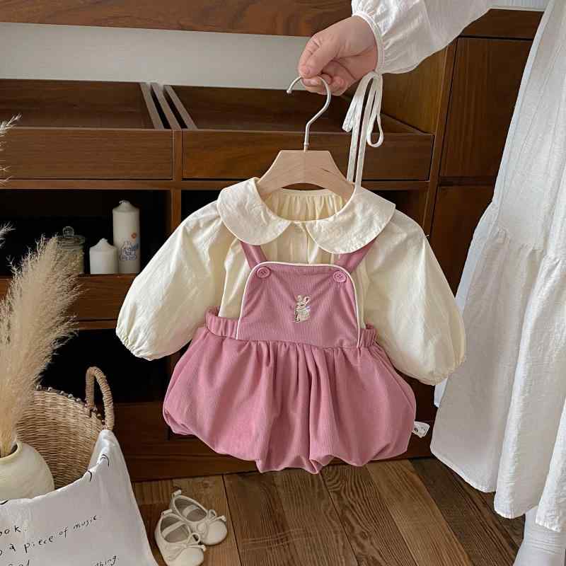 ベビー 赤ちゃん うさぎ ハーネス付き ロンパース シャツ 2点セット 女の子 うさ耳 かわいい 春秋