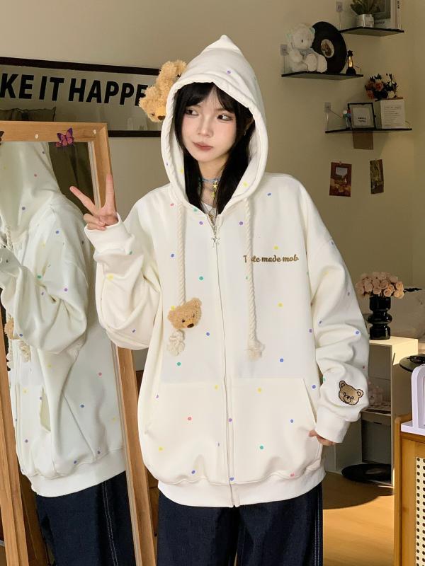 パーカー レディース かわいい 小熊 刺繍 波点 厚手 裏起毛 ジップアップ 秋冬 アウター