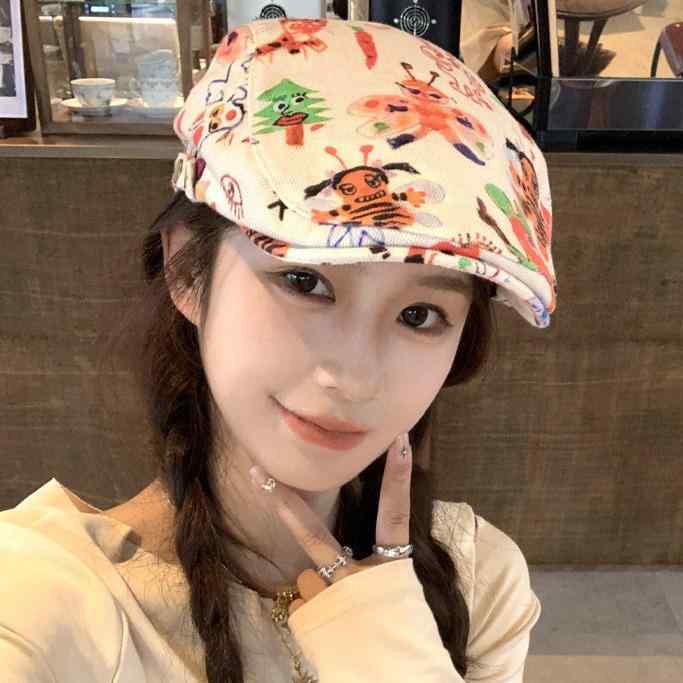 ベレー帽 レディース 春秋 日系 かわいい 塗鴉 前進帽 レトロ 童趣 おもしろ 短いひさし 画家帽子