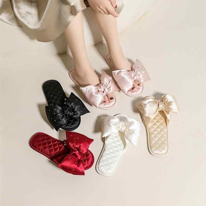 サンダル レディース ルームシューズ スリッパ 滑り止め 快適 柔らかい かわいい ビッグリボン サテン調 ホットドリル加工