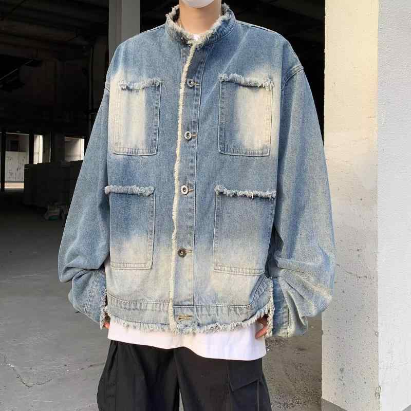 2ジャケット メンズ 男性用 デニム ウォッシュ加工 レトロ ヴィンテージ風 ダメージ加工 ゆったり 豪華感 カジュアル Gジャン ブルゾン ジャンパー アウター