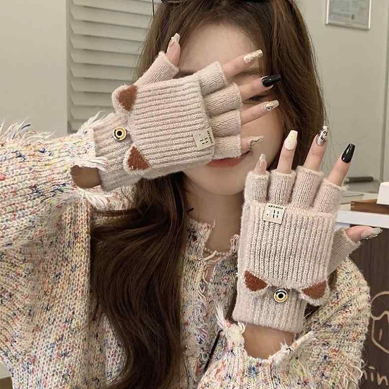 手袋 レディース 秋冬 学生 指なし ミトン カバー かわいい 韓国風 保温 ニット ウール タッチパネル対応 自転車 バイク 運転